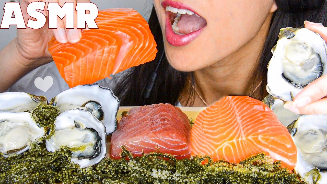 ASMR SALMON & TUNA SASHIMI, SEA GRAPES, OYSTERS - EATING SOUNDS [NO ...