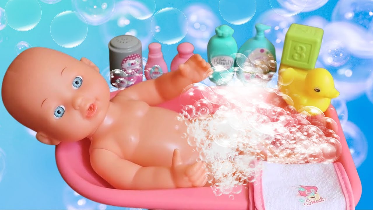 Baby Doll Bath Routine. Bubble Bath for Baby Doll. - YouTube