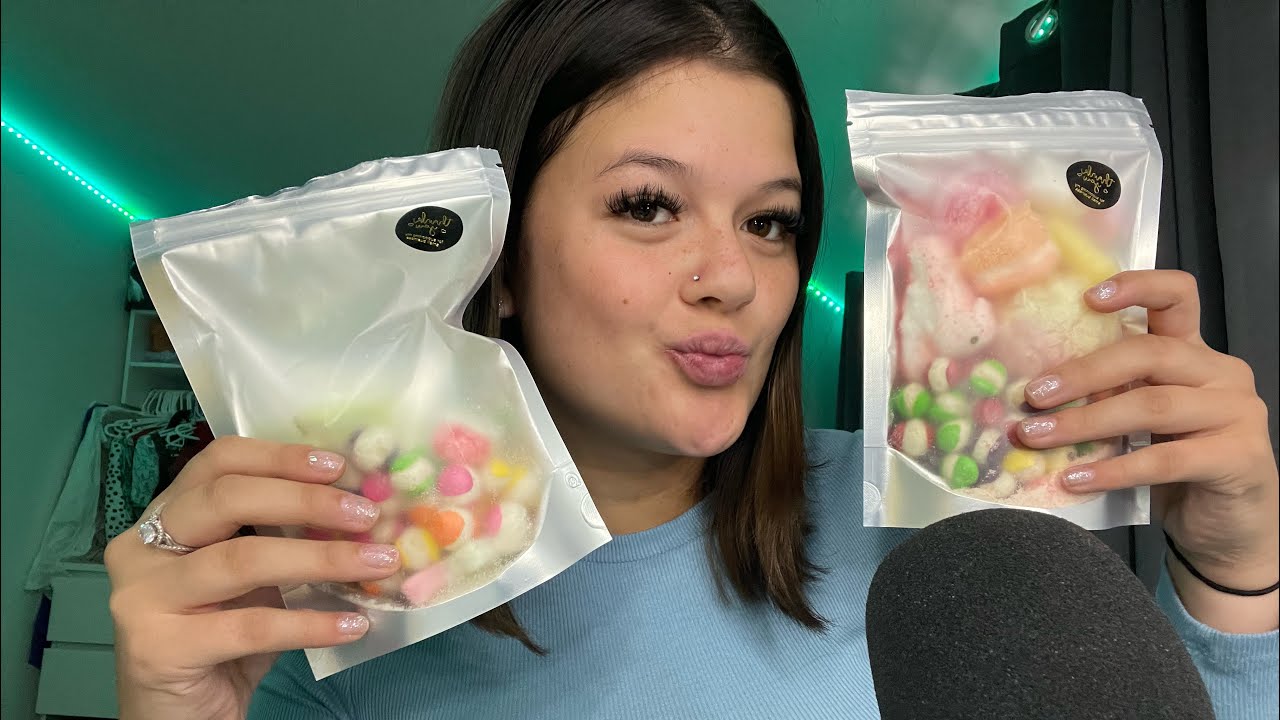 ASMR| eating freeze dried candy- crunching,mouth sounds and whispering ...