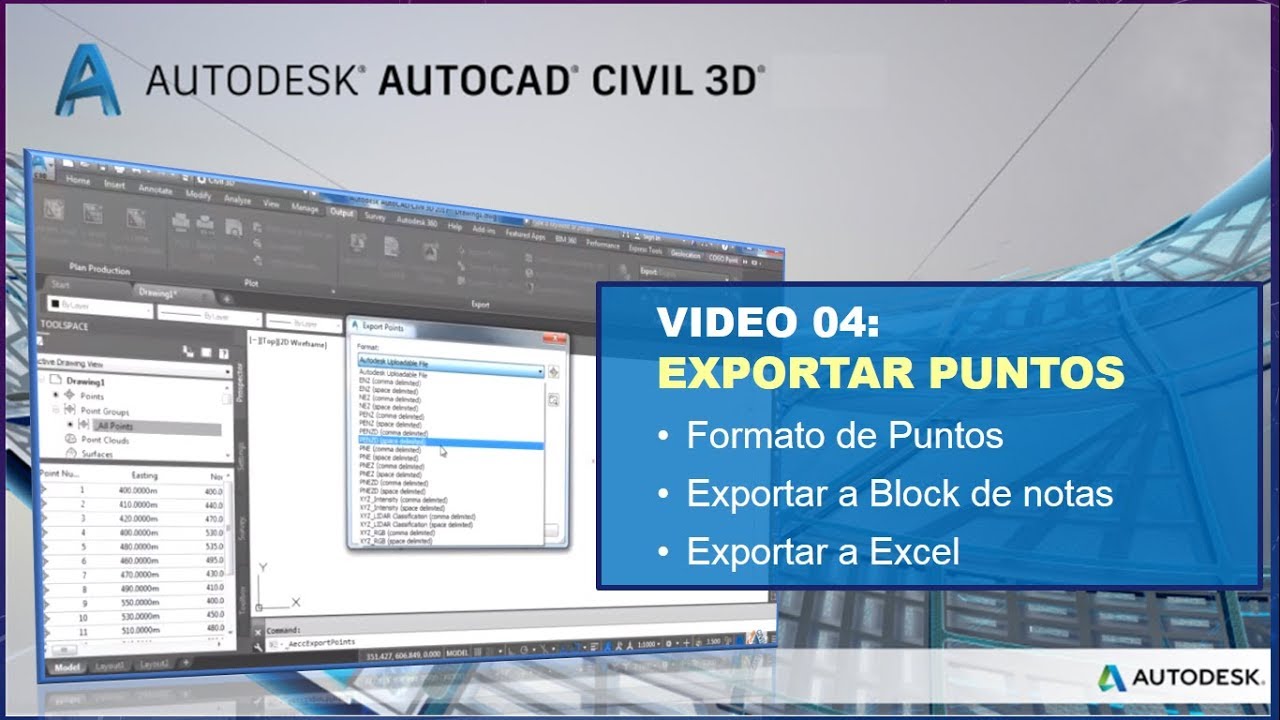 CIVIL 3D (4) EXPORTAR PUNTOS DE CIVIL 3D A BLOCK DE NOTAS Y EXCEL - YouTube