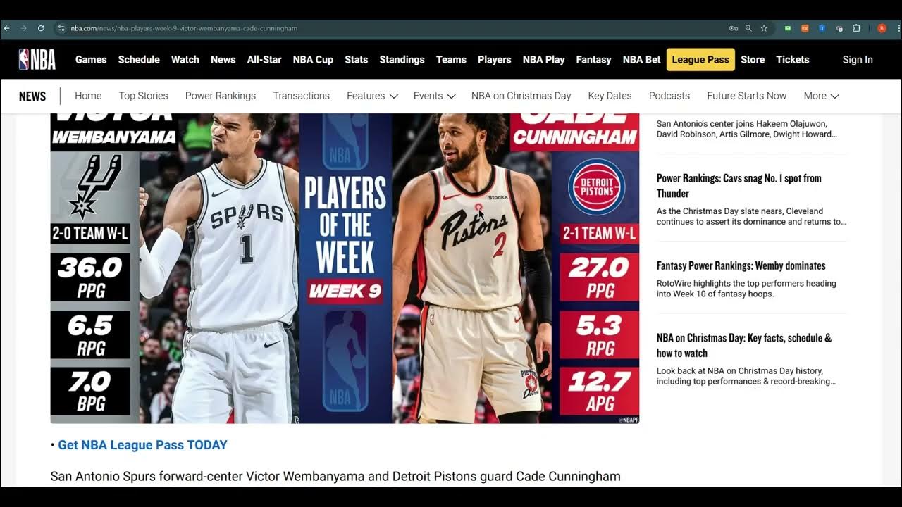 20241225 NBA, 9주차, 이주의 선수, 샌안토니오 스퍼스, 빅터 웸반야마, 디트로이트 피스톤즈, 케이드 커닝햄 - YouTube