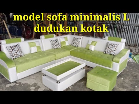 Model sofa minimalis L dudukan kotak kombinasi kain bludru warna hijau dan kain Oscar kain putih