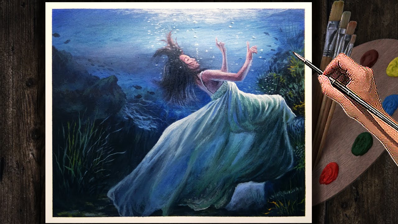 Acrylic Underwater Painting Lesson Time-lapse / Lady in White Gown ...