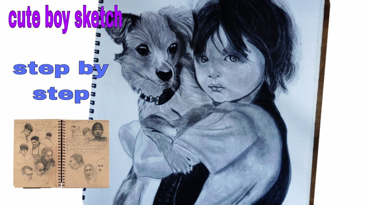 cute boy sketch with dog 🐶 /easy for beginners /realistic sketch step ...