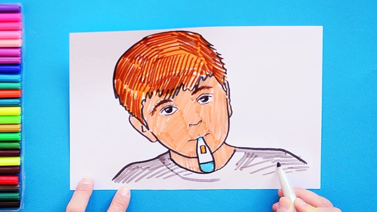 How to draw sick boy measuring temperature with thermometer - YouTube