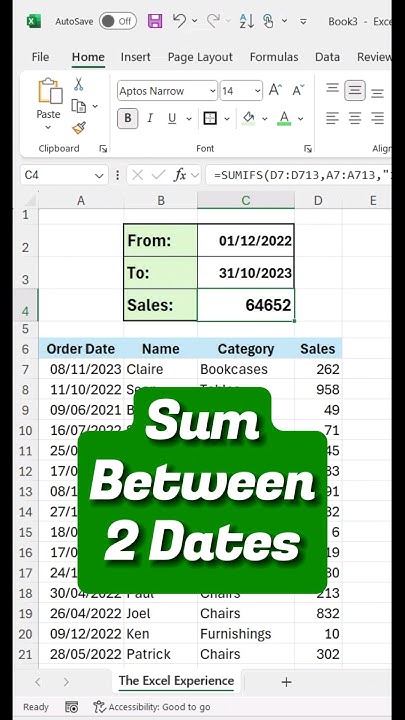 Sum Between Two Dates In Excelviralshorts Excelshorts Youtube