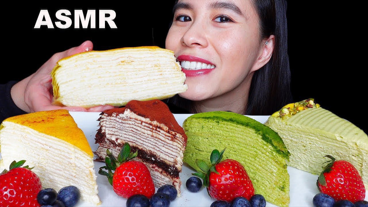 ASMR CREPE CAKE (SIGNATURE, TIRAMISU, GREEN TEA, PISTACHIO) MUKBANG 먹방 ...