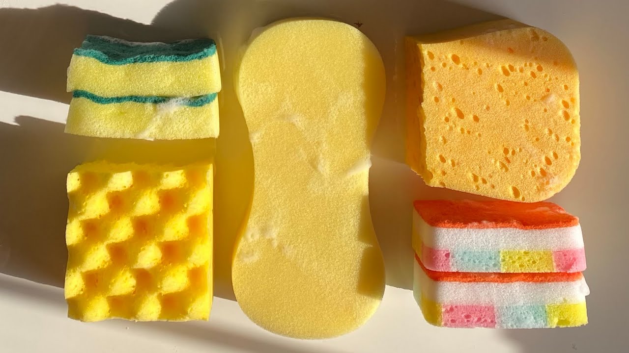 ASMR bulk soapy sponge ripping variety - kitchen and car sponges - YouTube