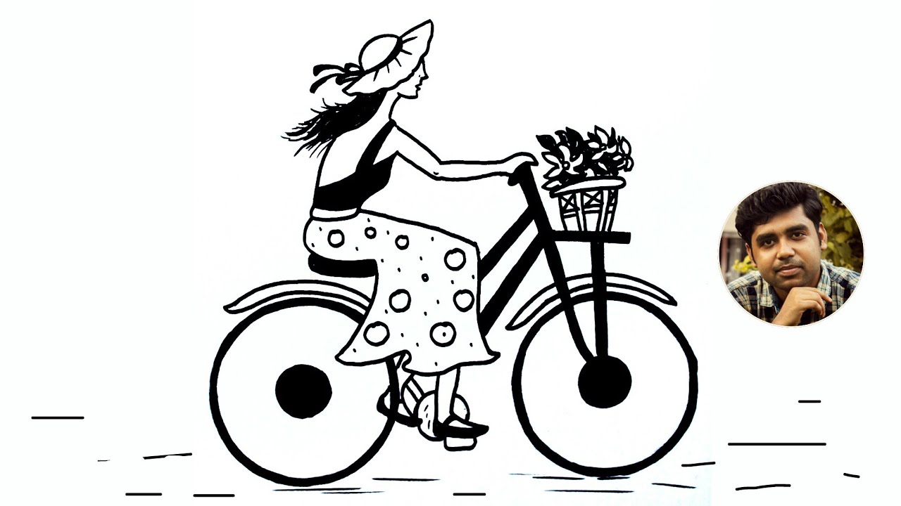Very easy girl drawing with a cycle . Drawing for beginners - YouTube