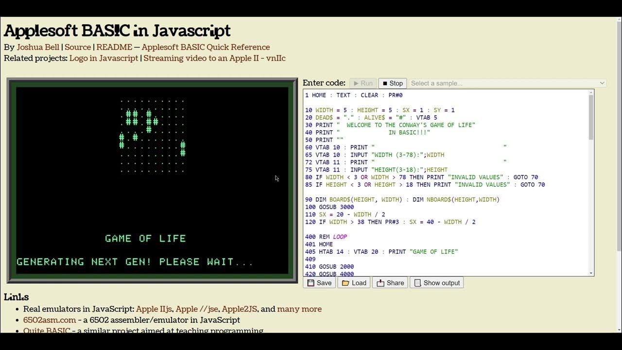 John Conway's Game of Life in Applesoft BASIC - YouTube