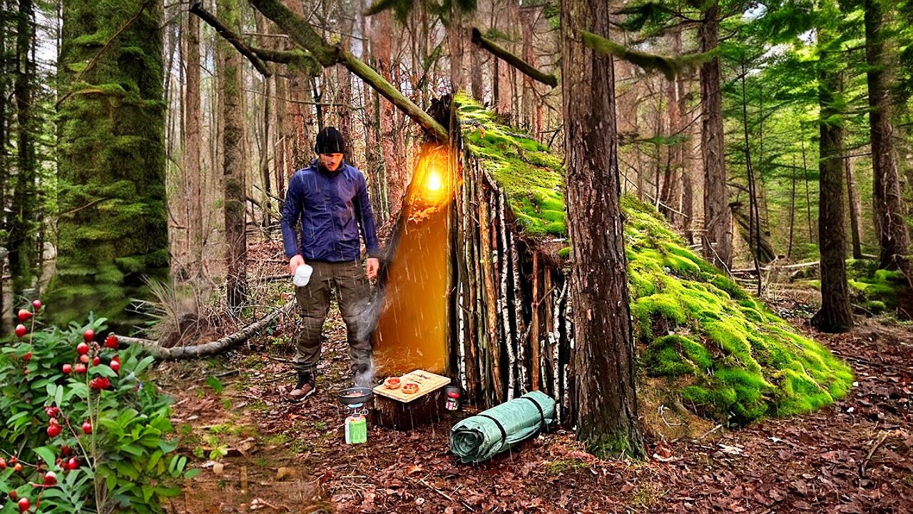 Building of a forest rain shelter | Bushcraft camp - YouTube