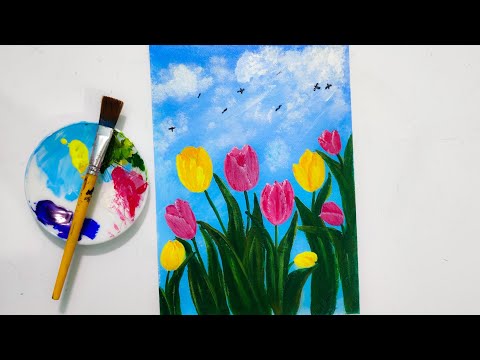 Easy Acrylic Tulips flower painting💐#Tulip flower paintingStep by step for beginners#Full tutorial