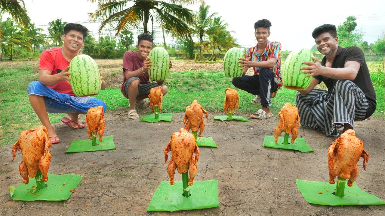 WATERMELON BUCKET CHICKEN | Chicken Cooked inside The Watermelon ...