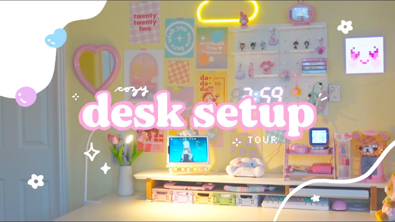 🌷 comfy cute aesthetic desk setup tour | a pastel workspace with gaming ...