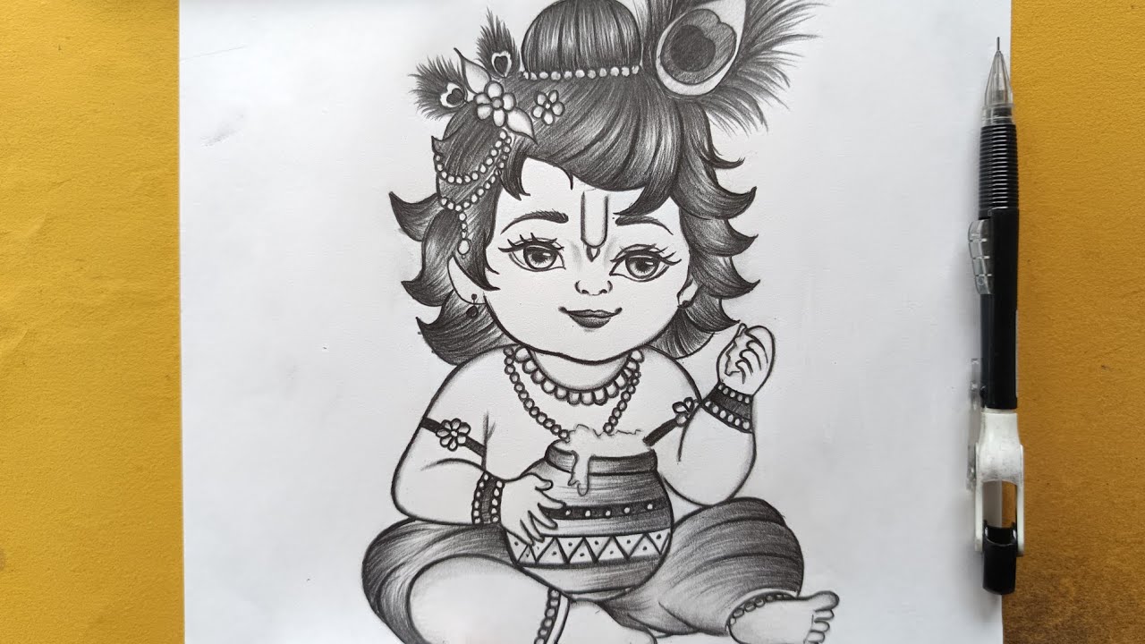 How to draw Krishan with makhan - step by || Krishan janmastami drawing ...