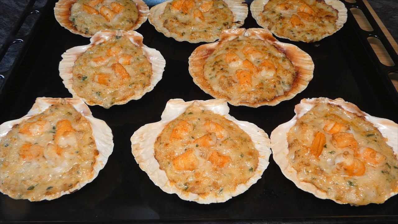 Conchas de Vieira rellenas de merluza y langostinos - YouTube