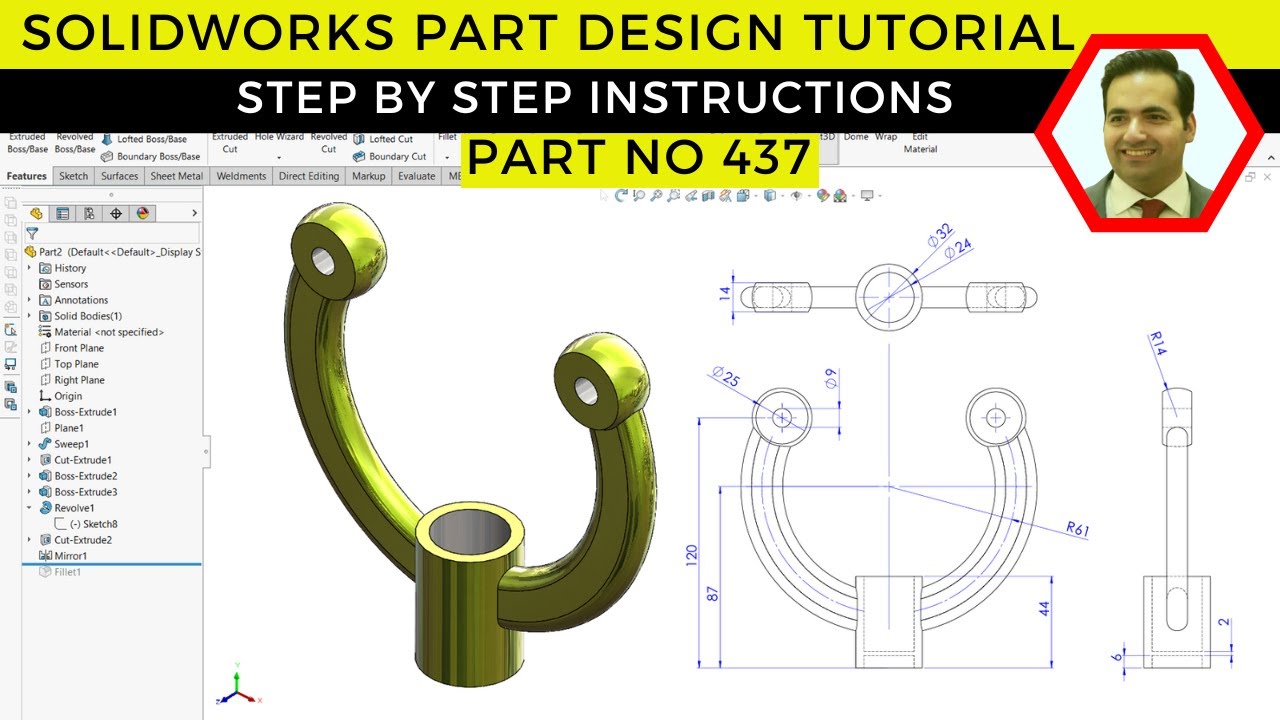 SolidWorks Part Modeling Tutorial | Complete Guide + Drawing | Part No ...