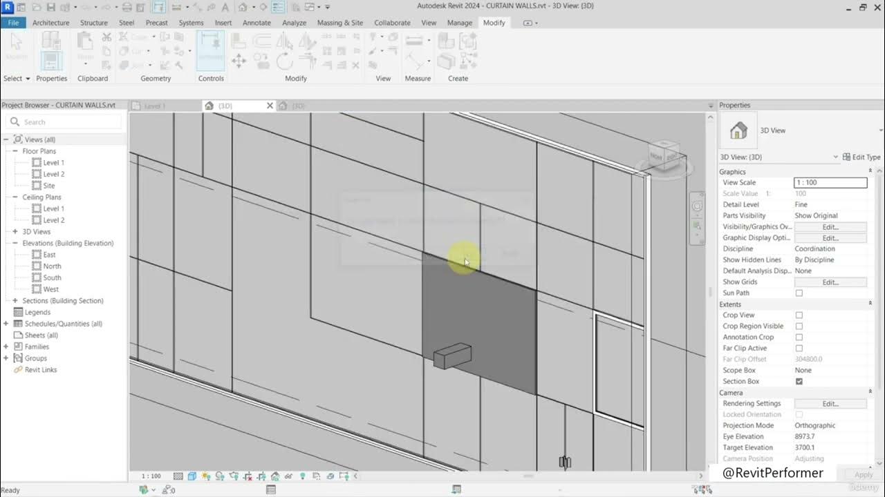 Revit Architecture:Tutorial:Curtain Wall_Create Doors and Windows/Openings in Curtain Wall_CW-02 ...