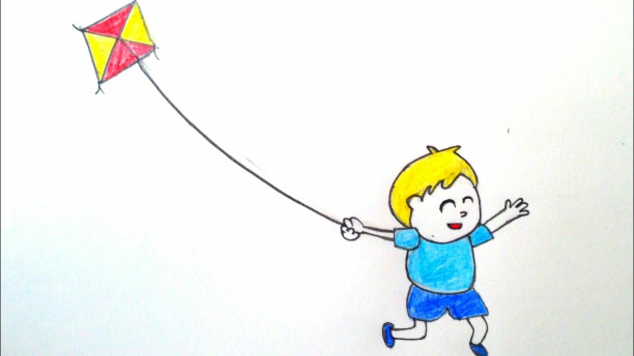 How to draw a boy flying kite/ kite festival drawing - YouTube