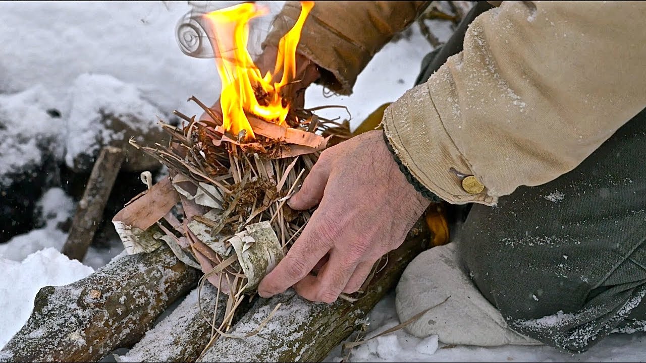 Bushcraft: Winter! Building a Campfire and a Porcupine Den - YouTube
