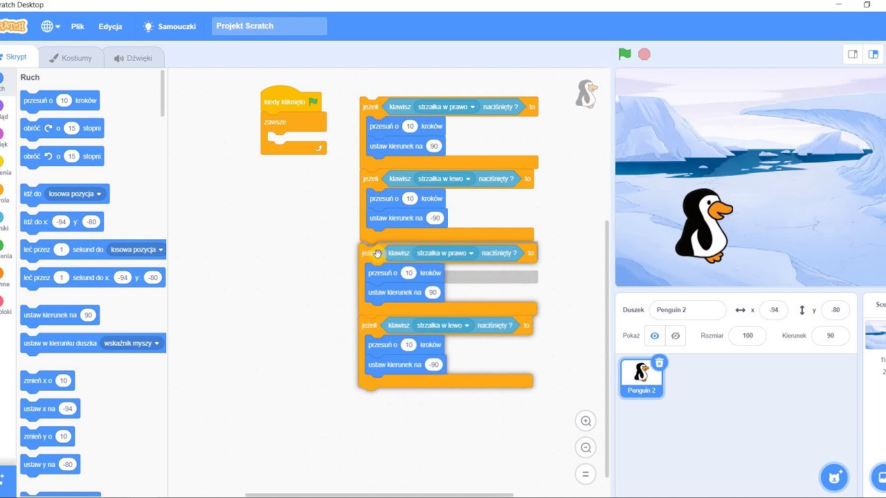 Scratch3 cw8 Umieszczamy jednego duszka i sterujemy nim w czterech ...