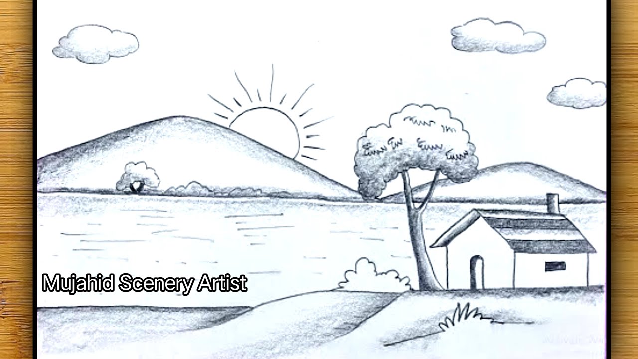 Mountain River House & Trees Scenery Drawing Tutorial by Mujahid ...