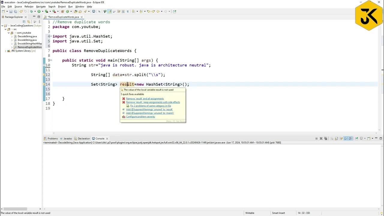 4 | Java | Remove duplicate words using Set Interface | Collections | Execution # ...