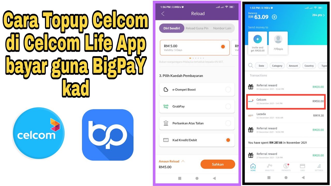 [eng] Cara Topup Celcom di Celcom Life App bayar guna BigPay Kad (dec ...