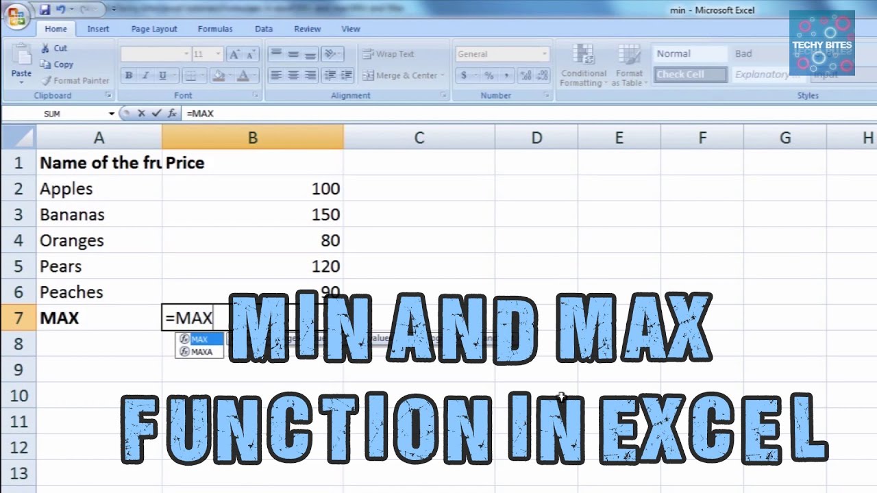 Min And Max Function In Excel Functions In Excel Excel Tutorial