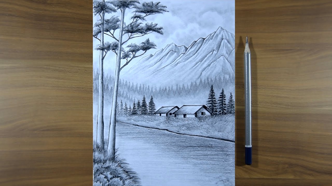 How to Draw Scenery of a Hilly Village ( step by step pencil drawing ...