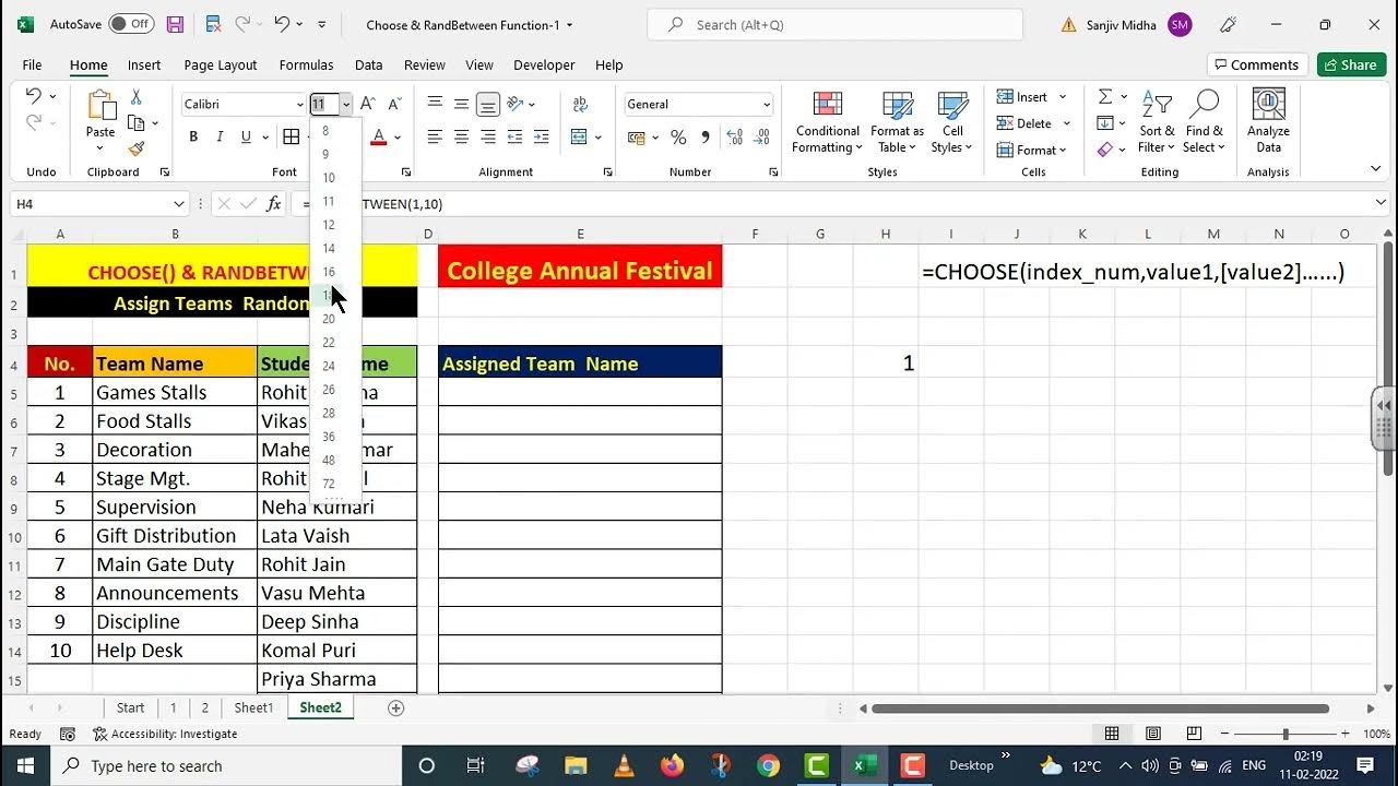 Choose And Randbetween Functions 1 Youtube
