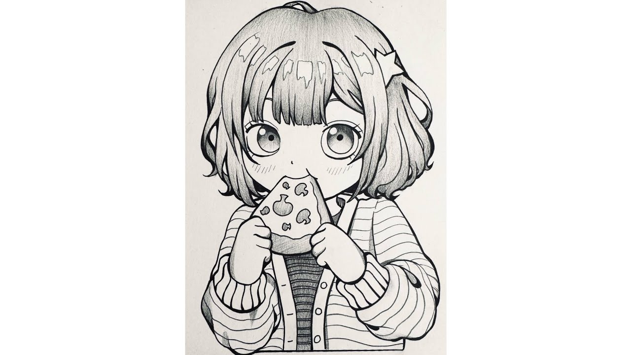 How to draw a cute girl eating pizza (easy anime drawing step by step ...