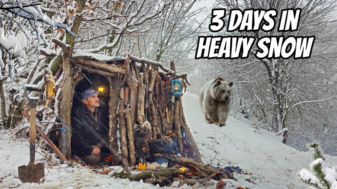Winter Bushcraft Camp in Mountains _ Survival camping in heavy snowfall ...