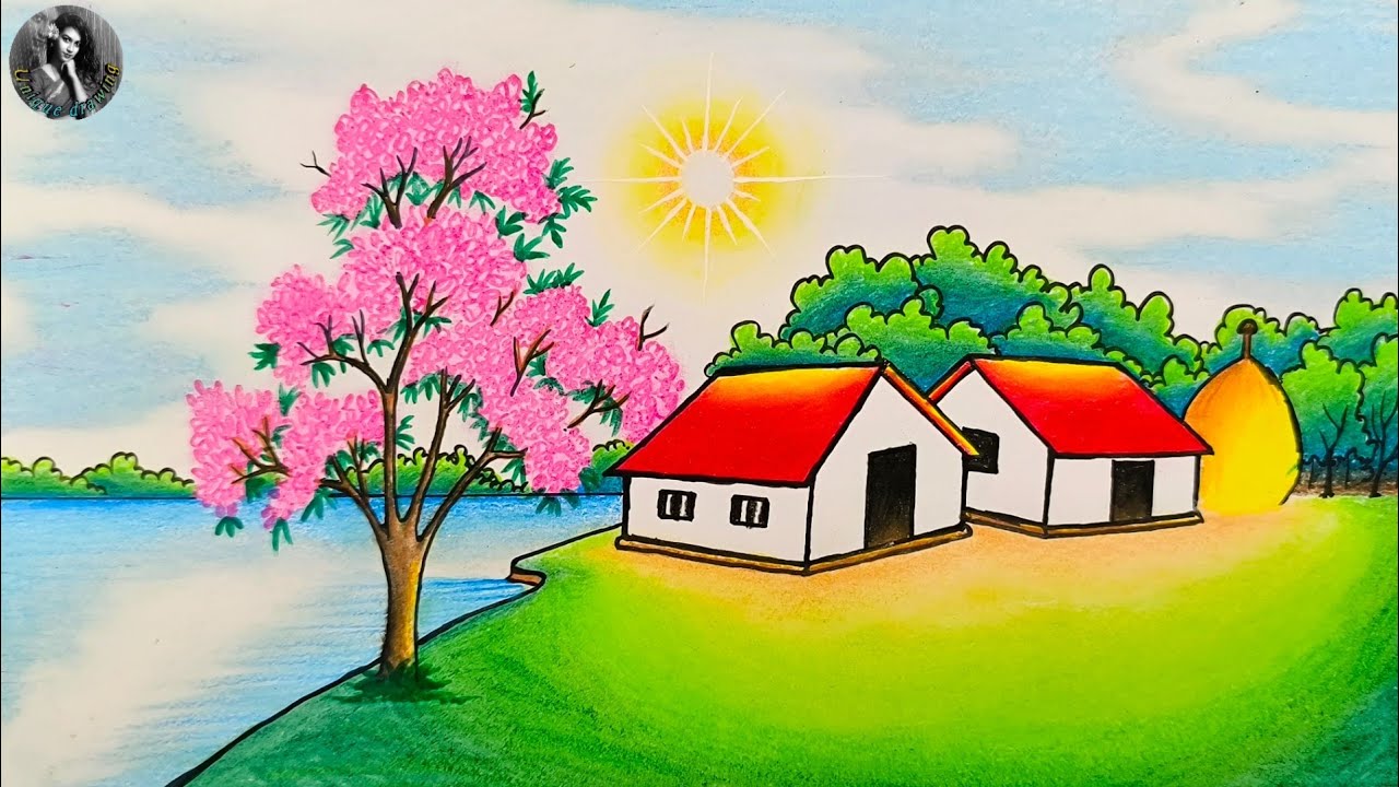 Spring season scenery drawing || Easy natural scenery drawing. - YouTube
