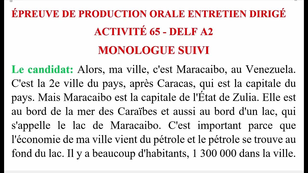 ÉPREUVE DE PRODUCTION ORALE ENTRETIEN DIRIGÉ - ACTIVITÉ 65 - DELF A2 ...