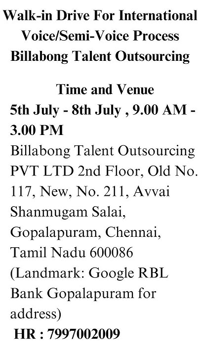 Walk-in Drive For International Voice/Semi-Voice Process Billabong Talent Outsourcing - YouTube