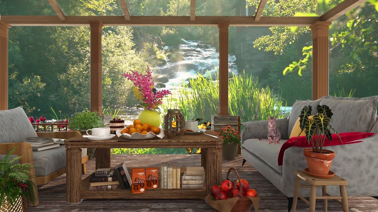 Cozy Porch Morning Ambience with PEACEFUL STREAM | Wake Up with the ...
