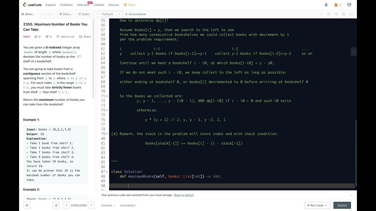 Leetcode 2355. Maximum Number of Books You Can Take - monotonic stack and DP - YouTube
