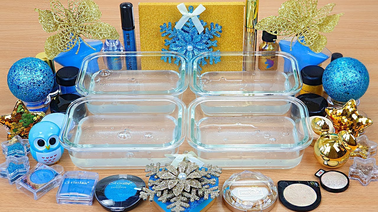 Slime GOLD vs Light BLUE Mixing makeup Glitter and beads into Clear ...