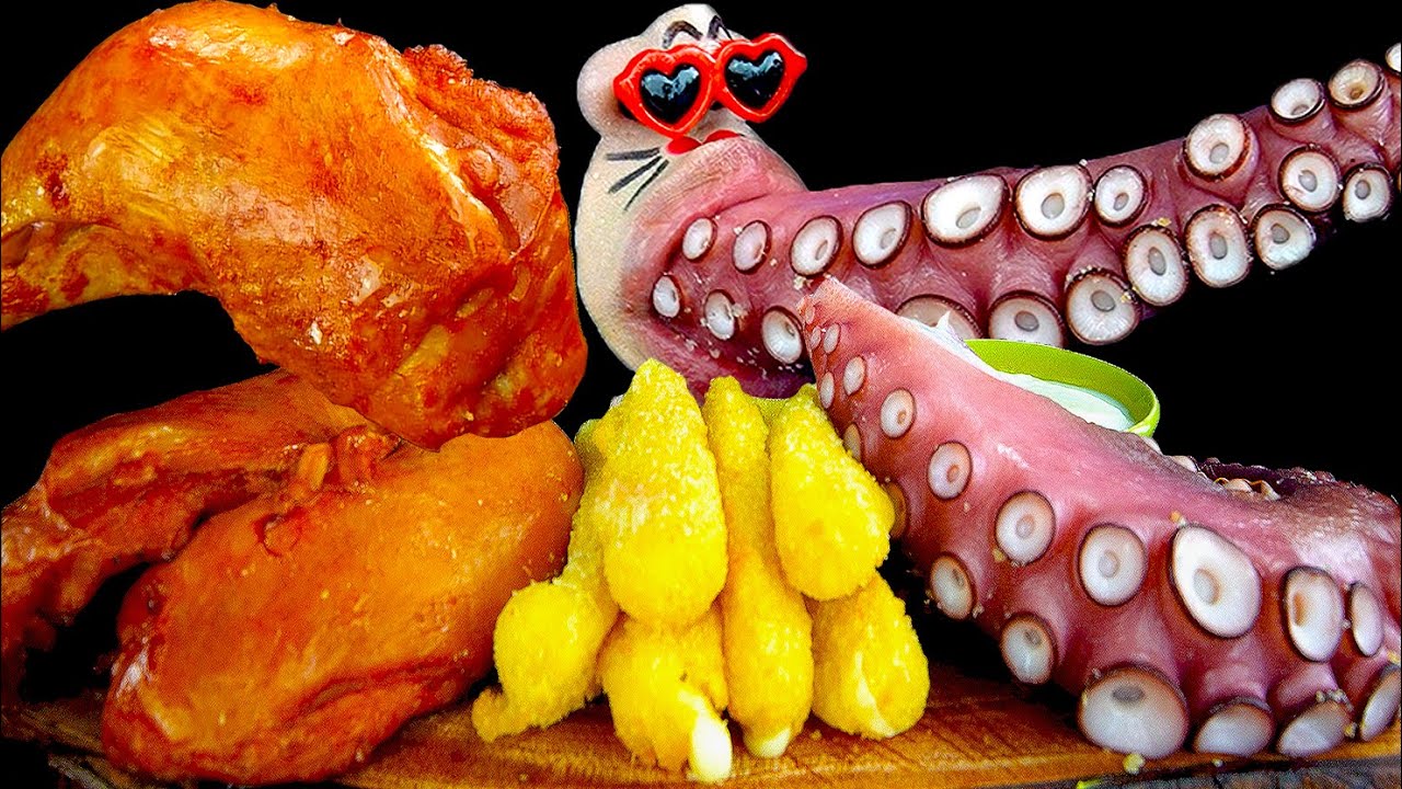 ASMR MUKBANG :) Giant Chicken & Octopus Legs & Cheese Sticks Eating ...