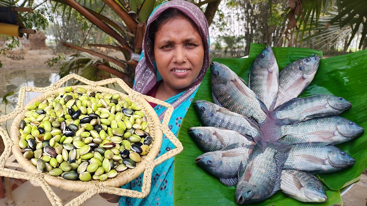 Village Style Authentic Cooking Bean Seeds With Fish Curry Recipe ...
