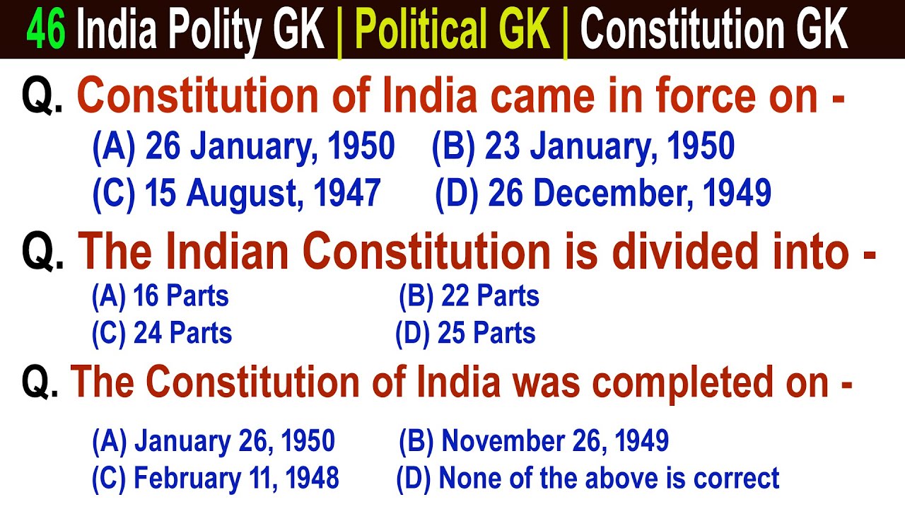 46 India Polity GK Political GK Constitution Of India GK Question 46-india-polity-gk-political-gk-constitution-of-india-gk-question