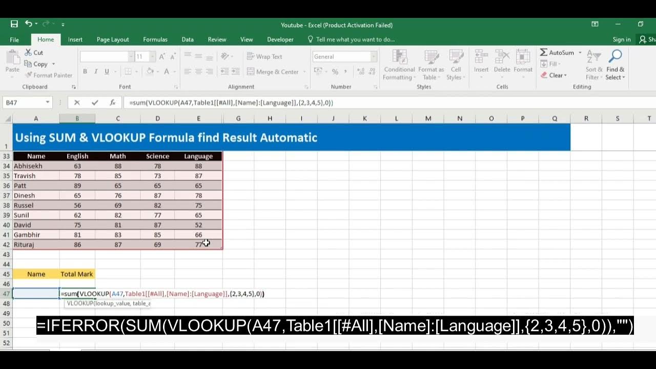 Using SUM & VLOOKUP Formula find Result Automatic - YouTube