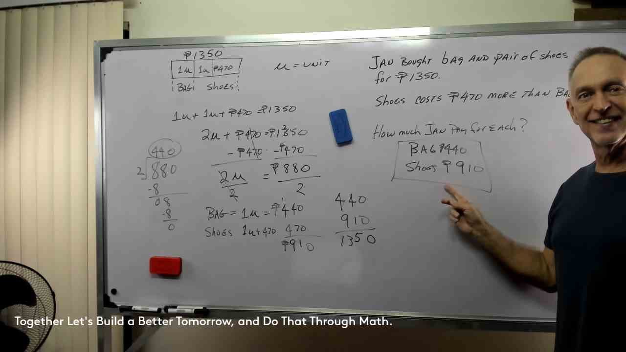 3rd grade: Bag & shoes bought for 1350 pesos. Shoes cost 470 more than ...