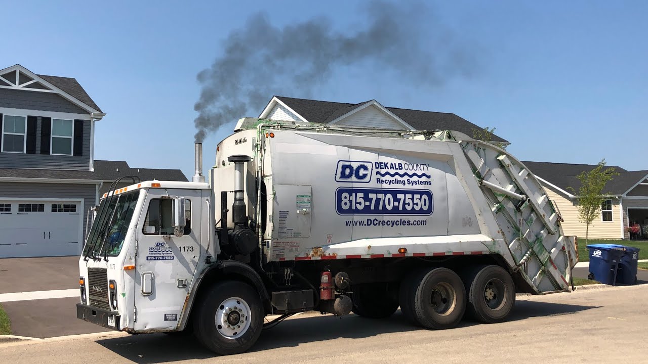 Mack LE Rear Loader Garbage Truck Rolling Coal In A New Development ...