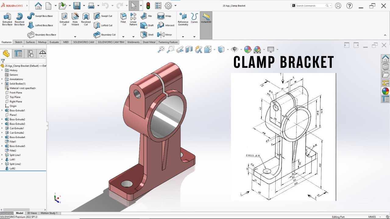 SolidWorks Tutorial: Create a Clamp Bracket from Scratch (Beginner to ...