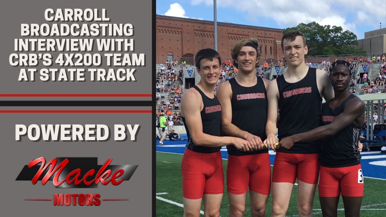 Tyler Brunner talks with CRB Boys 4x200 Relay at 2021 State Track Meet ...