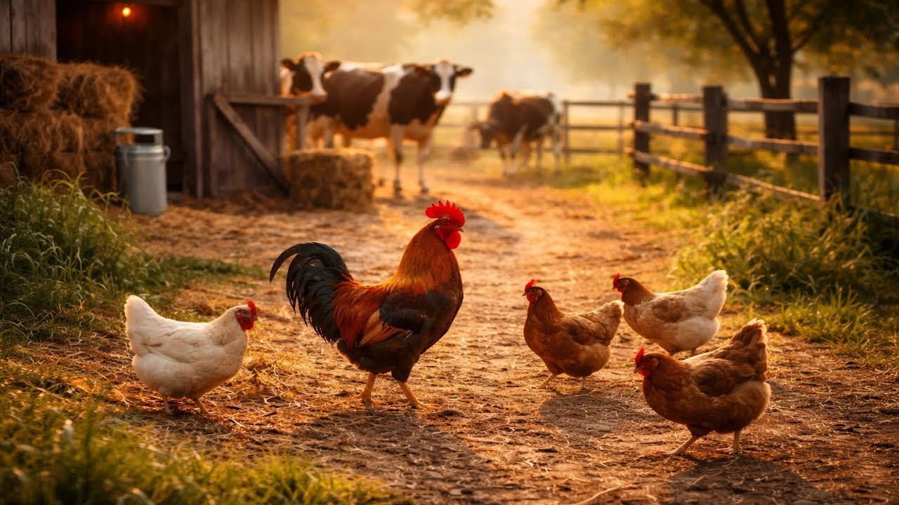 Morning Farm Life || Rooster and Hens Walking Peacefully at the Cow ...