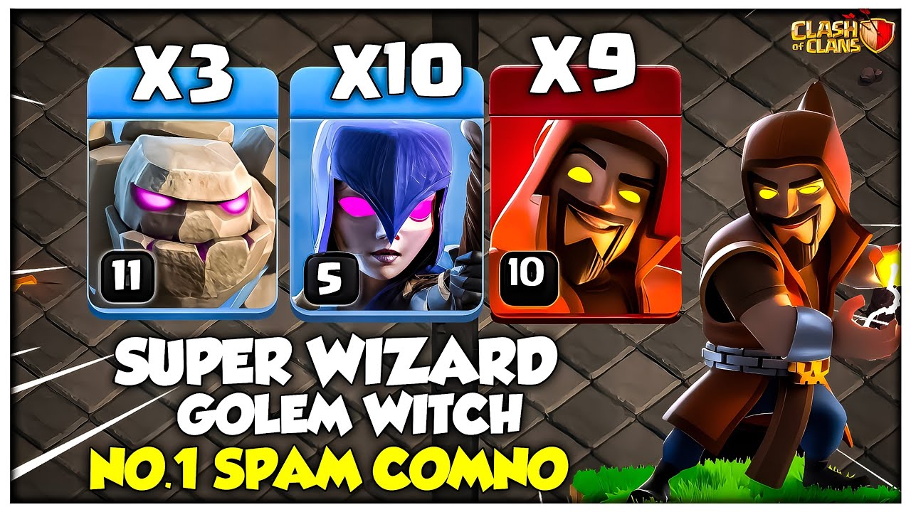 No. 1 Spam COMBO! Th14 Super Wizard Golem Witch Attack With 10 Zap ...