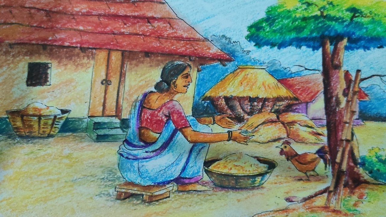 How to draw simple scenery for beginners//Village scenery drawing//Easy ...